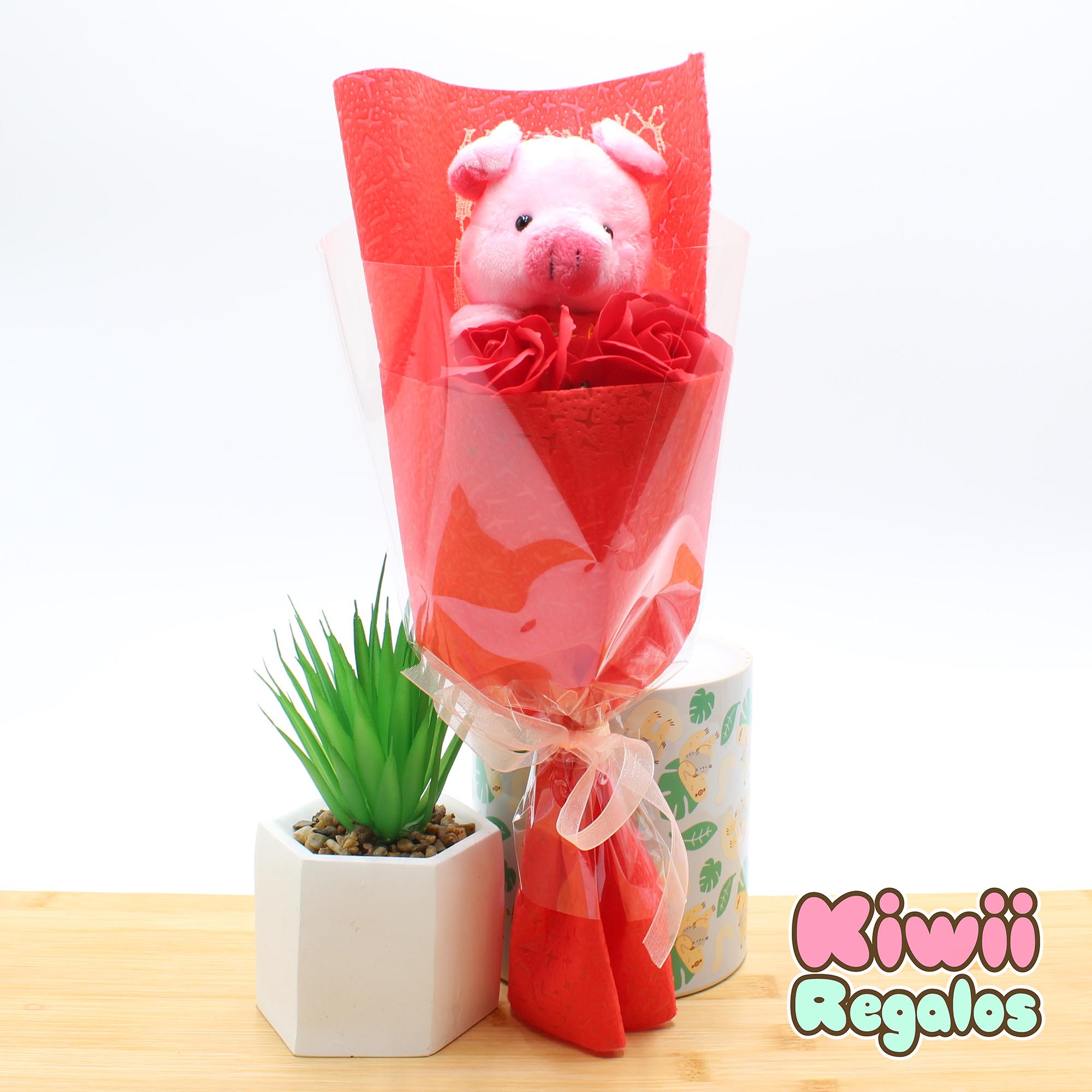 Ramo de flores mini chanchito (1 peluche) - Tienda Kiwii Regalos